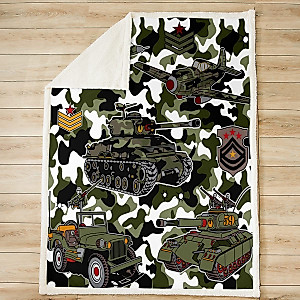 Tank Throw Blanket,Aircraft Camouflage Design Fleece Blanket War Theme Bed Blanket for Kids Child Teens Boys Man Soft Army Green Flannel Blanket, Throw Size (50 x 60 Inches)