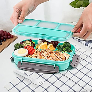 Okllen 3 Pack Bento Lunch Boxes with Spoon and 4 Compartment, Plastic Meal Prep Containers with Lids, Leakproof Food Storage Snack Container for Adults, Work, Home, 3 Colors