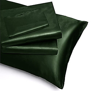 NSGZ 4 Pieces Satin Sheets Full, Silky Satin Sheet Sets with 1 Fitted Sheet, 1 Flat Sheet and 2 Pillowcases, Cooling Bed Sheet, Extra Soft Satin Fitted Sheet, Dark Green