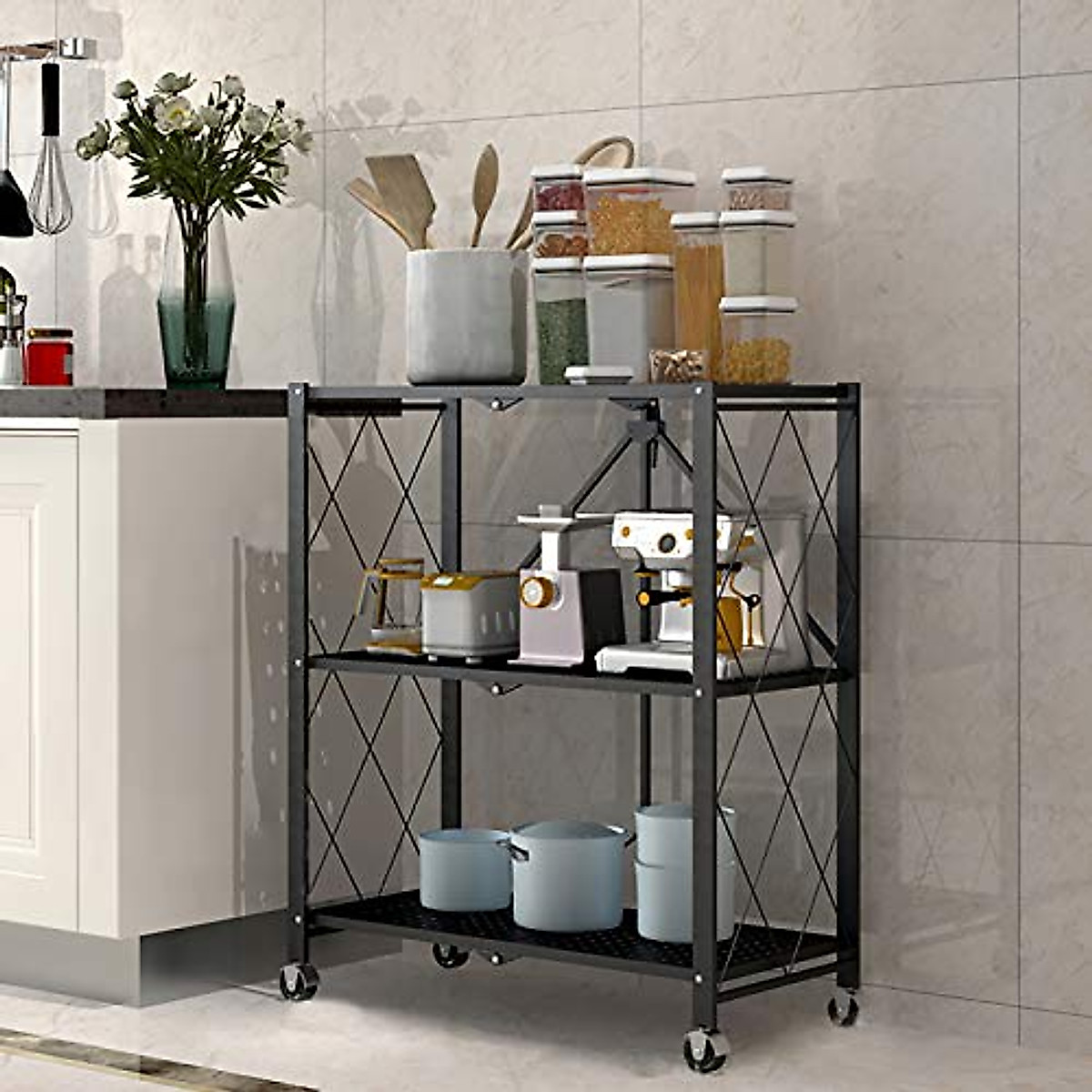 RUIJIAJU 3-Tier Foldable Standing Shelf Units Storage Rack,Metal Heavy Duty Storage Shelf with Wheels