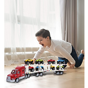 Mozlly Friction Powered ATV or Monster Truck Hauler Playset for Boys and Girls - Toy Car Carrier Truck Toy, Perfect ATV or Monster Truck Trailer Set for Pretend Play or Birthday Gift - Styles May Vary