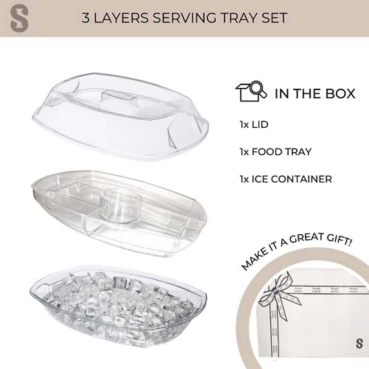 Simply InStyle Appetizer Serving Tray on Ice with Lid, 3 Layers 15 Inch Party Platter with 4 Compartments for Shrimp, Fruits, Salads, Sushi, Dips and Desserts, Clear,green