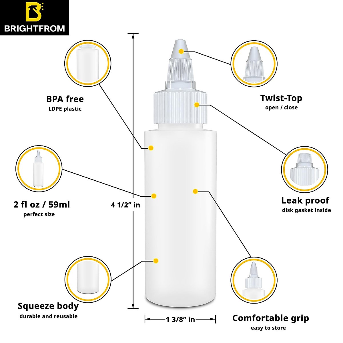 BRIGHTFROM Twist Top Applicator Bottles, Squeeze 2 OZ Empty Plastic Bottles, Refillable, Open/Close Nozzle - Multi Purpose (Pack of 3)