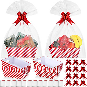 Wonderjune 12 Pcs Christmas Basket for Gifts Empty Set 9.8 x 8.3'' Large Empty Gifts Baskets to Fill,Red Candy Stripe Cardboard Basket with Handles Bows Plastic Bags for Xmas Party Holiday Decor