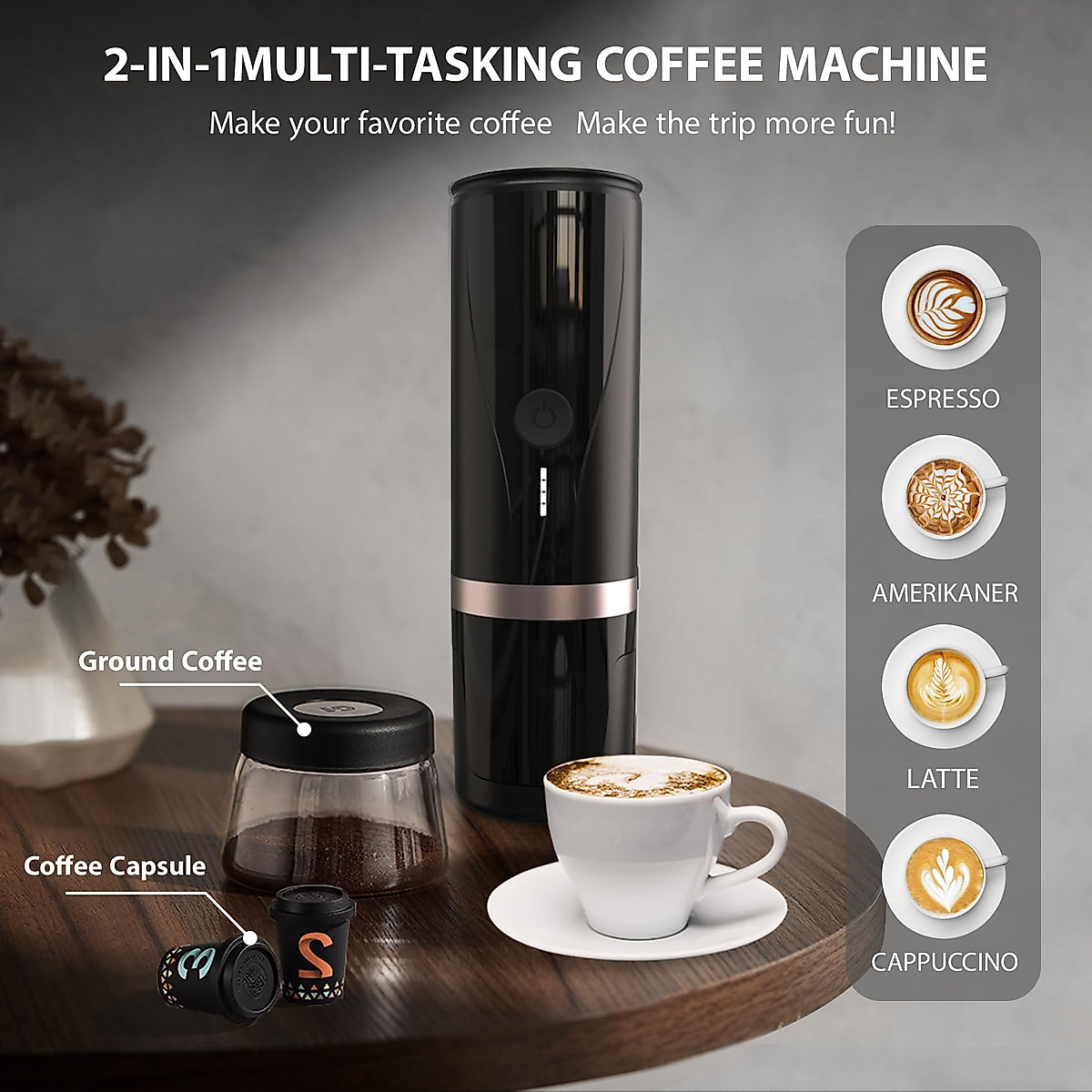 Sobtoe Portable Espresso Machine, Self-Heating Electric Portable Espresso Maker,20 Bar Mini 12V 24V Car Coffee Maker with NS Pods & Ground Coffee for Travel, Camping, Office, Home(Black)