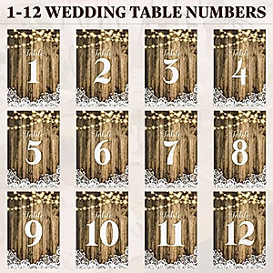 1-12 Wood Lights Table Number Double Sided Signs Rustic Calligraphy Printed Numbered Card Paper Wedding Seating Chart Table Decoration Restaurant Reusable Reception Centerpieces for Tables, 4 x 6 Inch