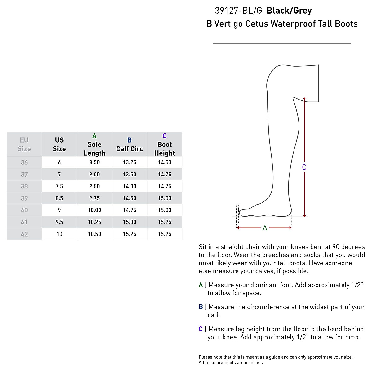 HORZE B Vertigo Cetus Waterproof Tall Boots - Black/Grey - W 10 / M 9