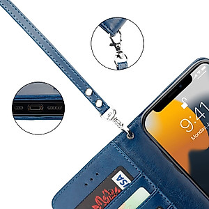 Bocasal Detachable Wallet Case for iPhone 13 RFID Blocking Card Slots Holder Premium PU Leather Magnetic Kickstand Shockproof Wrist Strap Removable Flip Protective Cover 5G 6.1 inch (Blue)