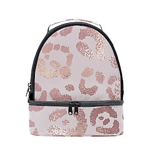 Rose Gold Leopard Lunch Tote Bag for Kid's,Double Decker Insulated Lunchbox Bag,Leakproof Thermal Cooler Bag for Men Women Youth