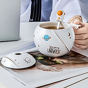 HwaGui - Cute Astronaut Mug With Lid And Spoon, Kawaii Cup Novelty Mug For Coffee, Tea And Milk, Mug Gift Blue 450ml/15oz