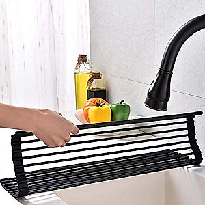 Ahyuan Large Roll up Dish Drying Rack Foldable Dish Rack Over Sink Dish Drainer Roll-up Sink Drying Rack Full Silicone Coated Stainless Still Dish Drying Rack (Matte Black)