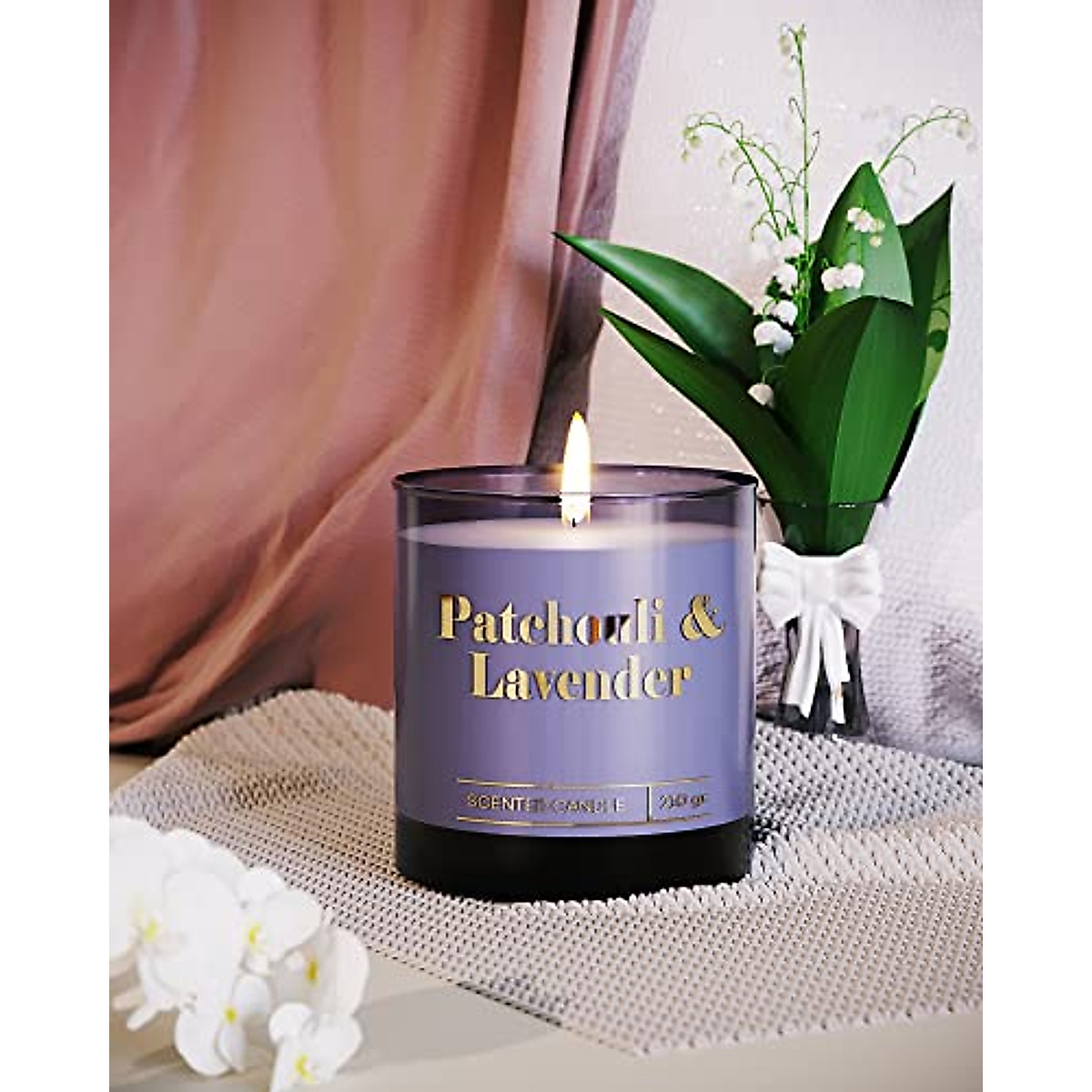 RAKLE Candles for Home Scented – Patchouli Lavender Scented Candle 7.4 oz – Premium Soy Wax Blend Candle Jar with Lid for Home, Meditation, Aromatherapy – Delightful Long Lasting Scents