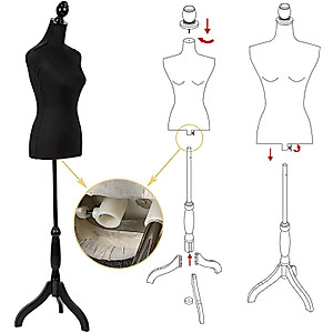 Hkeli Mannequin Torso Female Dress Form Standing Manikin Body Dress 60-67 Inch with Tripod Stand Height Adjustable Woman Body Torso for Sewing Dress Jewelry Display Women, Black