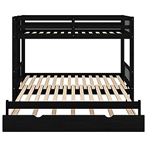 EMKK Twin Over Pull-Out Queen Full Bunk Bed with Trundle, Solid Wood BunkBed Frame with Ladder, Extendable Bunkbeds with Safety Rail for Kids Adults Teens, Espresso