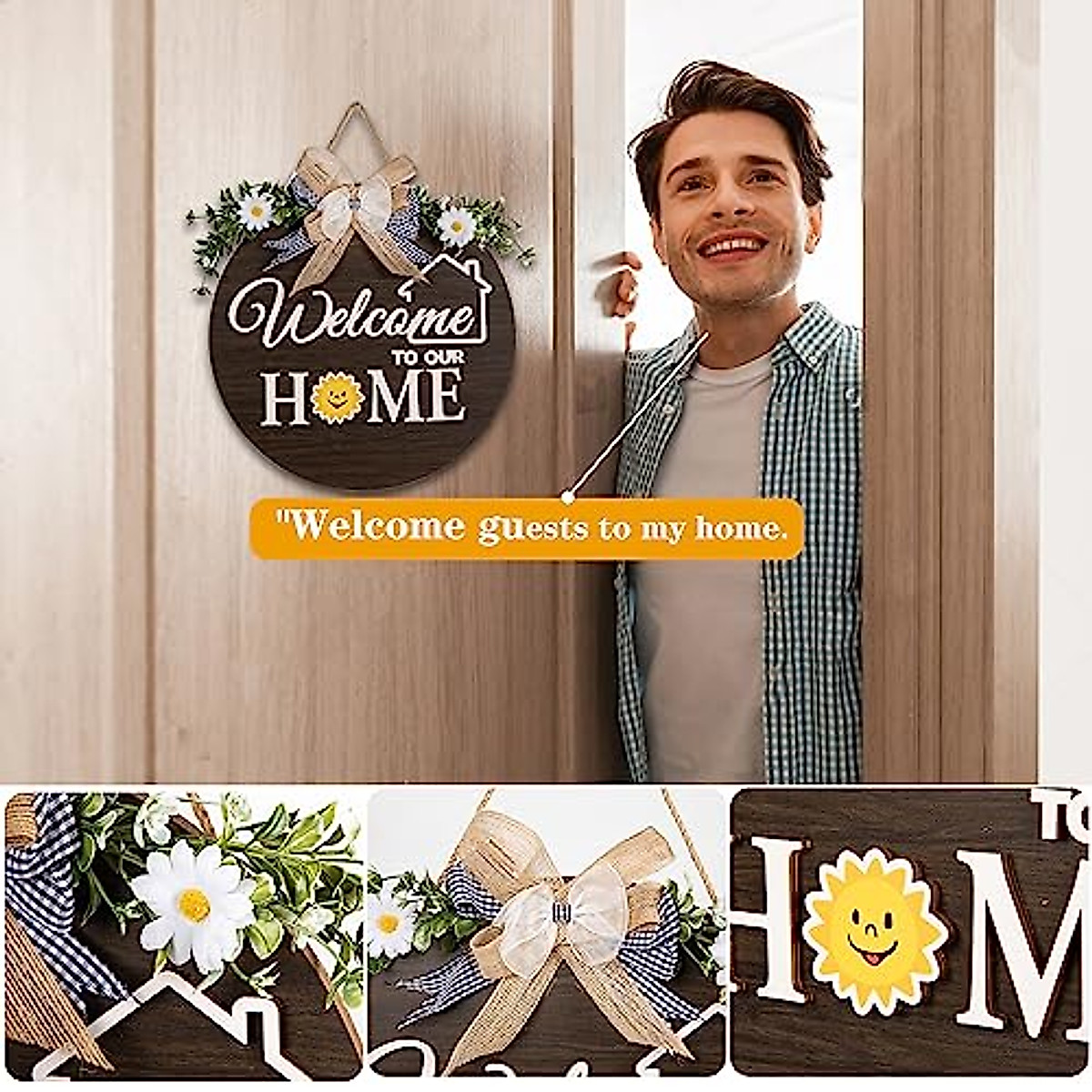 Interchangeable Welcome Sign Front Door Decoration,containing 14 signs. Family Porch Suspension Welcomes Round Wood Decoration. Welcome Sign diameter 12.6 Inch (Black)