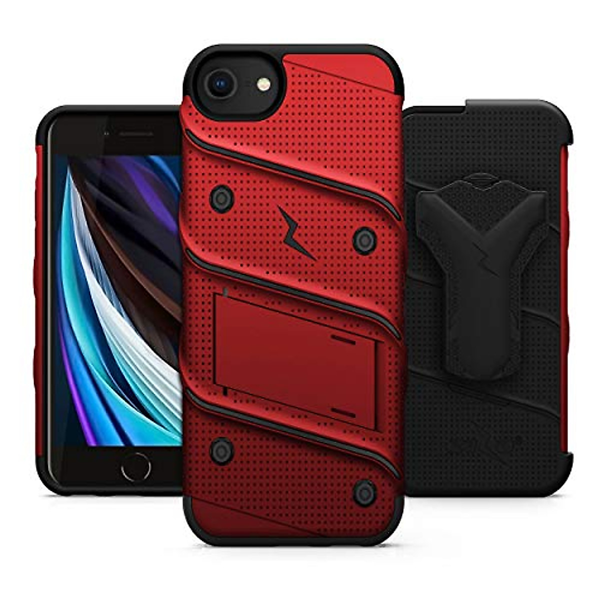 ZIZO Bolt Series for iPhone SE (3rd and 2nd gen)/8/7 Case with Screen Protector Kickstand Holster Lanyard - Red & Black