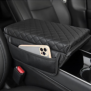 XINLIYA Car Armrest Cushion, Carbon Fiber Leather Auto Center Console Pad, Memory Foam Armrest Box with Storage Bag, Hand Rest Pillow with Organizer Pockets, Universal Fit for Most Vehicles