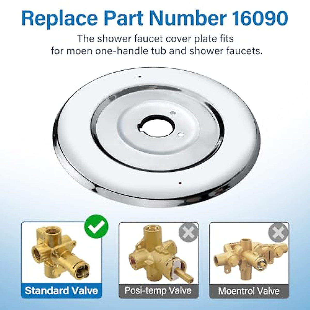 Shower Faucet Cover Plate Escutcheon Replacement for Moen 16090, Shower Handle Cover Plate for One-Handle Tub and Shower Faucets (Chrome)