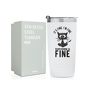 Onebttl Cat Gifts for Cat Lovers, Insulated Stainless Steel Tumblers with Lids and Straws, Funny gifts for Cat Mom, Dad on Birthday, Christmas, 20 oz, White, I'm Fine