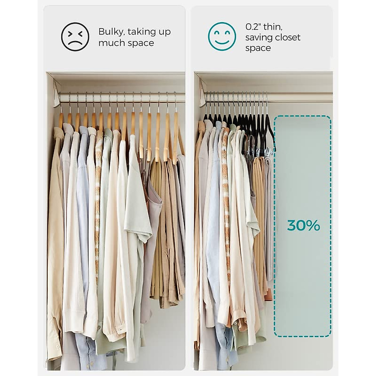 SONGMICS Velvet Coat Hangers Bundle with Pants Hangers, Non-Slip, Wrinkle-Free, Space-Saving, Durable, for Coat, Shirt, Dress, Trousers, Skirts, Scarves UCRF21PK50 and UCRF12B30