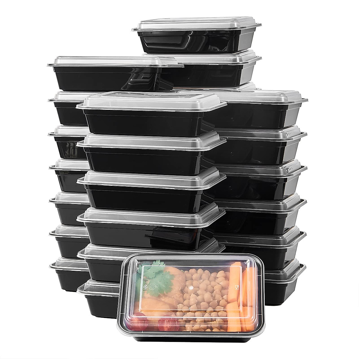 FULING 50 Pack Meal Prep Plastic Food Storage Containers With Lids 28 oz 1 Compartment Black Rectangular Reusable To Go Lunch Prepping Boxes BPA-Free Microwavable Freezer Dishwasher Safe Stackable