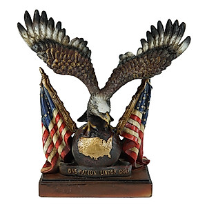 Ebros Gift Patriotic Wings of Glory Bald Eagle Resting On Globe with Map of America and 2 Star Spangled Banner Flags Figurine with Trophy Base One Nation Under God American Symbolic Statue