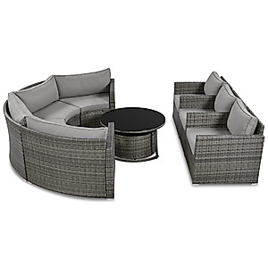 Bellemave 9-Piece Patio Sectional Set Half-Moon Sofa Set Gray Wicker Curved Outdoor Sofa with Gray Cushions & Nesting Coffee Table, All-Weather PE Wicker Semi-Circular Couch