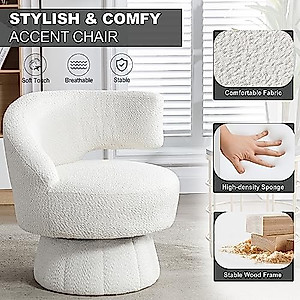 Tabaray Round Swivel Chair,Modern Accent Chair,Comfy Barrel Chair,Fuzzy Teddy Upholstered Armchair for Living Room,Bedroom,Office,Waiting Room (White)