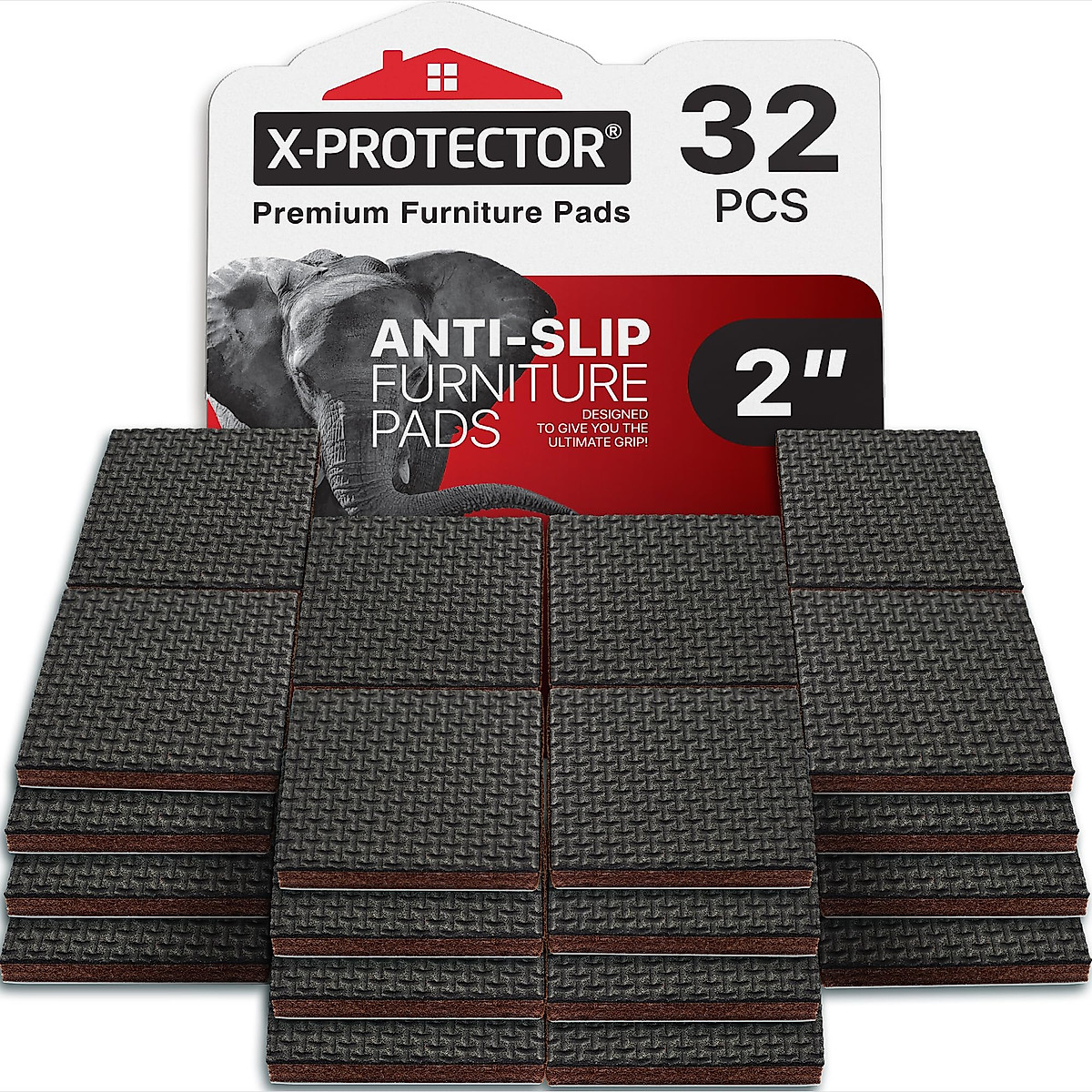 X-Protector Non Slip Furniture Pads for Hardwood Floors 32 PCS 2” - Square Anti Slip Furniture Pads - Self-Adhesive Rubber Furniture Pads Non Slip - Ideal Furniture Stoppers to Prevent Sliding!