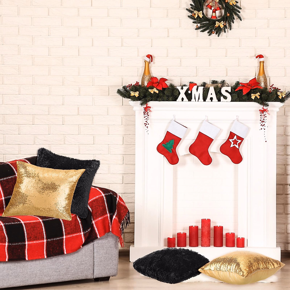 Mixweer 4 Pcs Sequin and Fluffy Pillow Cases Glitter Pillow Covers Faux Fur Throw Covers Decorative Cushion Case for Couch Bed Sofa Wedding, No Insert(18'',Gold, Black)