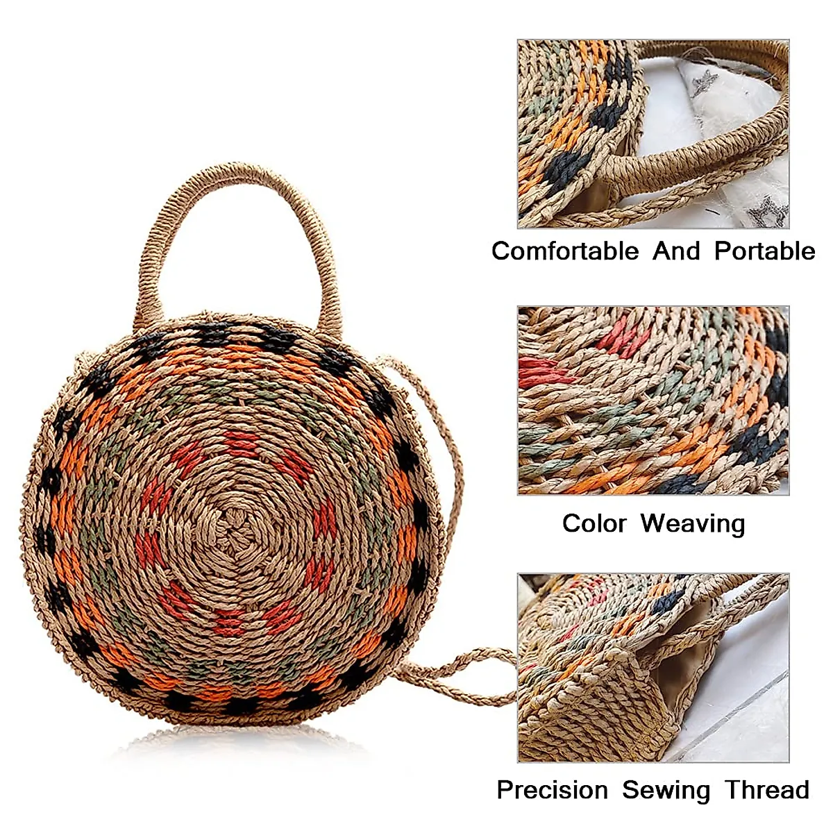 QTKJ Hand-woven Boho Women Straw Summer Beach Bag, Colorful Round Rattan Bag Cross Body Bag Shoulder Messenger Satchel (Khaki)