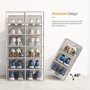 bonusuper 12 Pack Large Storage Boxes, Organizer for Closet, Clear Plastic Stackable, Space Saving Shoe Containers Bins Holders Sneaker Display Case