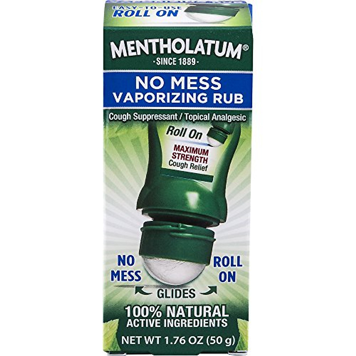 Mentholatum No Mess Vaporizing Rub with Easy-to-use Roll On Applicator, 1.76 Ounce (50g) - 100% Natural Active Ingredients for Maximum Strength Cough Relief