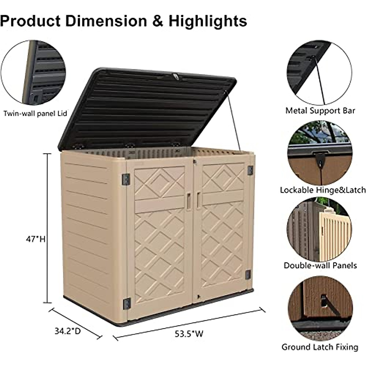 HOMSPARK Horizontal Storage Shed Weather Resistance, Multi-Purpose Outdoor Storage Box for Backyards and Patios, 38 Cubic Feet Capacity for Bike, Lawnmower, Trash Cans, Patio Accessories(Brown)