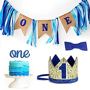 Baby 1st Birthday Boy Decorations with Crown High Chair Banner Cake Smash Party Supplies - Happy Birthday ONE Burlap Banner, No.1 Crown, Glitter Cake Topper
