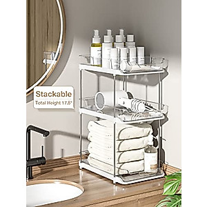 2 Tier Cabinet Organizers and Storage, 2 Pack Slide-Out Stackable Pantry Organization and Storage with Movable Dividers, Multi-Purpose Bathroom Organizer, Kitchen Organization and Storage, Countertop Vanity Medicine Organizer