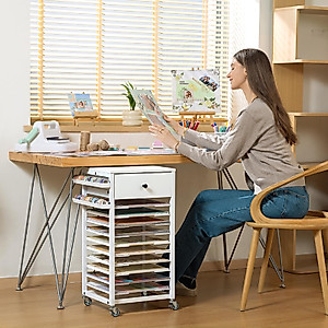 Caydo 12x12 Paper Storage Organizer-10 Tier File Rolling Storage Cart with Drawer Crafting Table Organization Workstation for Craft Room Home