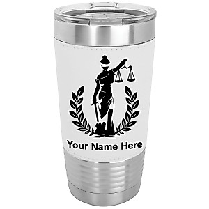 LaserGram 20oz Vacuum Insulated Tumbler Mug, Lady Justice, Personalized Engraving Included (Faux Leather, White)