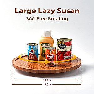 Lazy Susan Turntable Wood 13.5”, with Metal Bearing System & Anti-Slip Silicone Pad, Large Cake Stand, Rotating Spice Rack Cabinet Under Sink Organizer for Pantry Kitchen Bathroom Storage