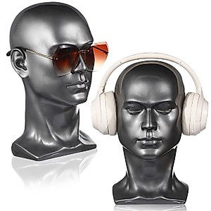 Geetery 2 Pcs Large Male Mannequin Head PVC Manikin Professional Man Head Model Silver Grey Display Stand for Display Wigs, Mask, Headset, Headphone, Hats, Jewelry, Hair, Glasses