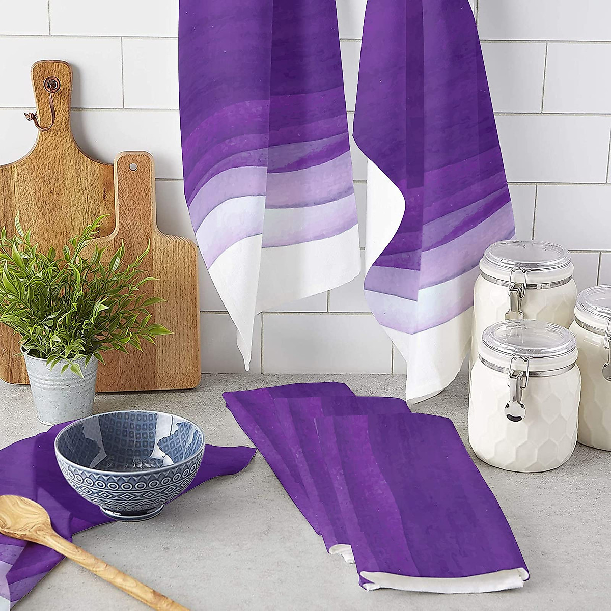 Kitchen Towels Set Ombre Purple Dish Towel Lavender Purple White Dishcloths 3 Pack, 18x28 Inches Absorbent Soft Cotton Dish Cloths Bar Towels & Tea Towels