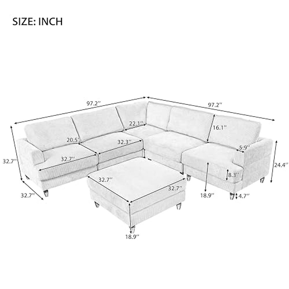 Eafurn Oversized Modular Sectional Sofa with Ottomans,6 Seater Corduroy Upholstery L Shaped Reversible Corner Couch,98" Symmetrical Convertible Sleeper Sofa & Couch Free Combination