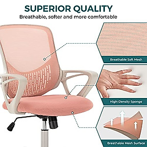 Home Office Desk Chair Ergonomic Computer Chair Modern Height Adjustable Swivel Chair Mesh Chair with Fixed Armrests/Lumbar Support, Pink
