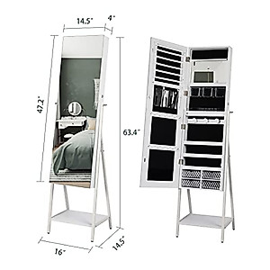 HNEBC Jewelry Cabinet Armoire with Lights,Lockable Jewelry Organizer Standing 47.2''Full-Length MirrorJewelry Boxes for Women Mirror with Jewelry Storage,Built-in LED Makeup Mirror/Drawer(White)