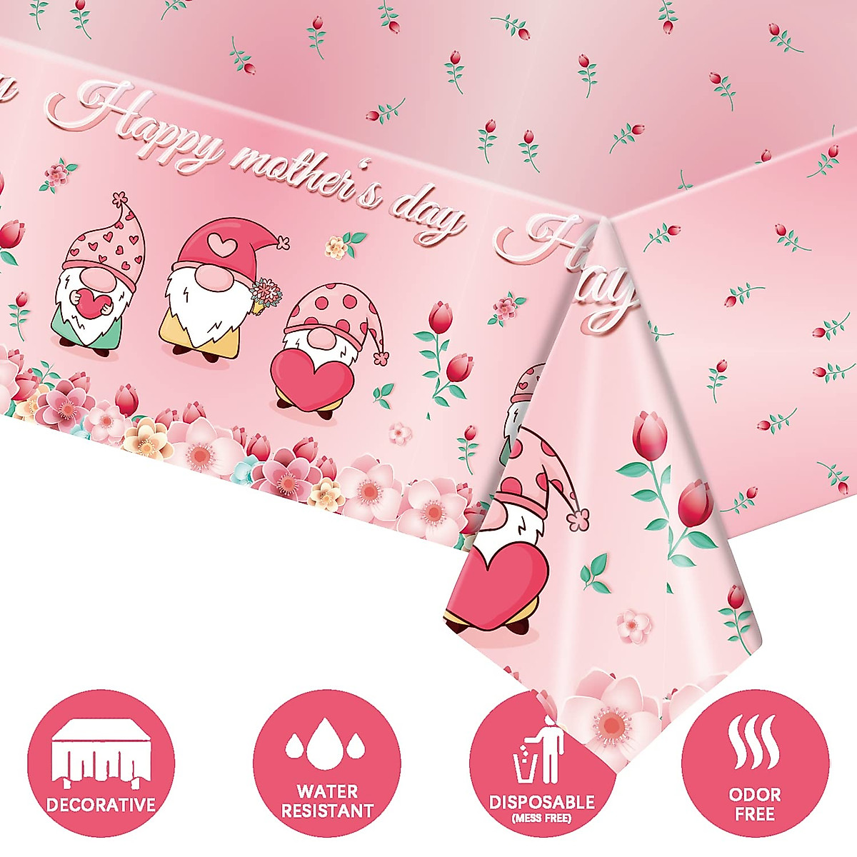 FANPROMS Mother's Day Tablecloth Rectangle 2 Pack 54x108 Inch Pink Tulip Table Cloth for Happy Gnomes Table Cover Waterproof Disposable Tablecloth for Best Mom Day Party Dinner Decor