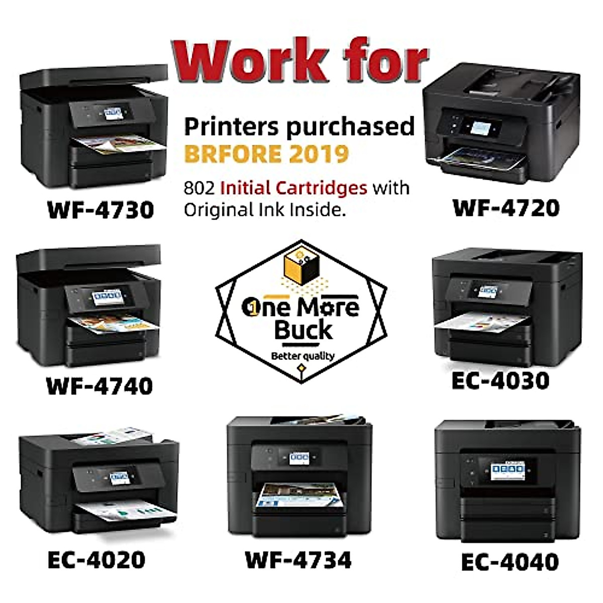 OneMoreBuck Repackaged 802 Orginal Ink Cartridges for 802 T802 to use with WF-4730 WF-4734 WF-4740 WF-4720 EC-4020 EC-4030, 4 Colors (Black, Cyan, Magenta, Yellow)