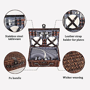 HYBDAMAI Willow Picnic Basket Set for 4 Persons with Waterproof Picnic Blanket, Wicker Picnic Basket for Camping, Outdoors, Valentine's Day, Christmas, Thanksgiving, Birthday