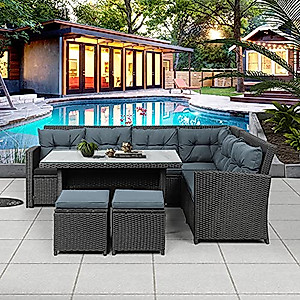 GODAFA 7 Seating Outdoor Patio Furniture Sectional Sofa Set, All-Weather L Shaped Couch with Glass Table, Ottomans for Backyard Porch Poolside, 1, Black