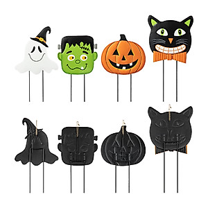 Glitzhome 42''H 4pcs Metal Halloween Outdoor Yard Stakes,Halloween Ghost/Pumpkin/Black Cat/Frankenstein Stakes or Hanging Decor,Halloween Porch Standing Sign for Lawn Garden Home Party (2030200005)