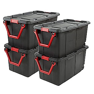Sterilite 40 Gal Wheeled Industrial Tote, Stackable Storage Bin with Latch Lid, Plastic Container with Heavy Duty Latches, Black Base and Lid, 4-Pack